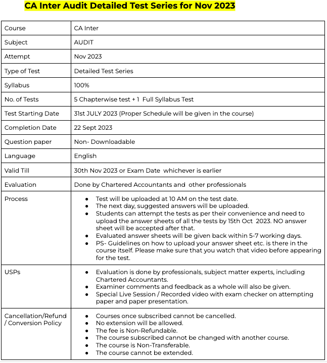 CA Inter Audit Detailed Test Series for Nov 2023