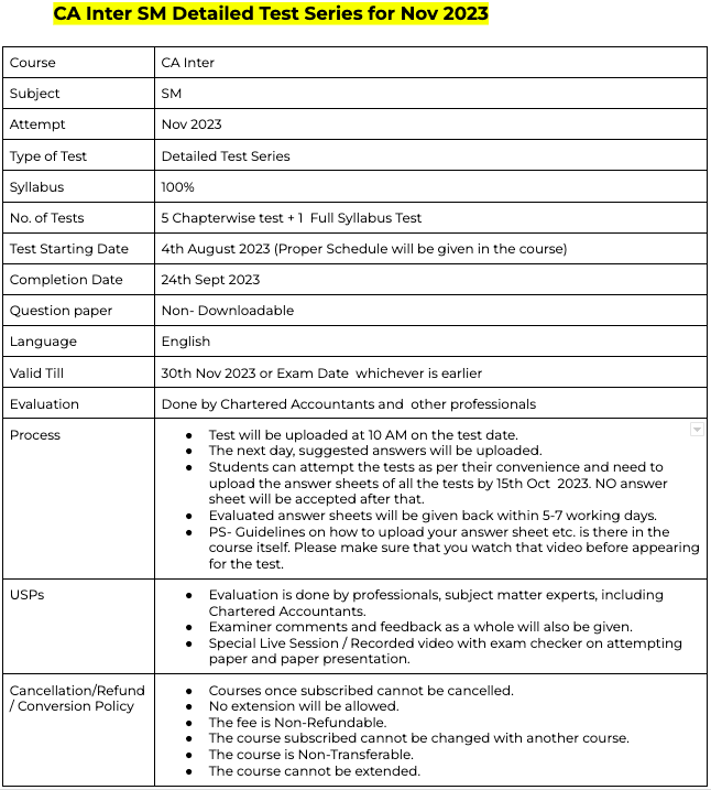 CA Inter SM Detailed Test Series for Nov 2023